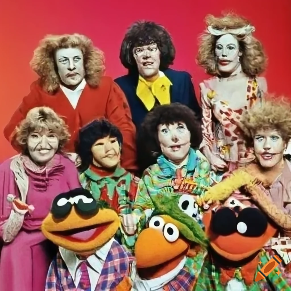 Collage style art, the muppet show, magazine 1970s style, group photo