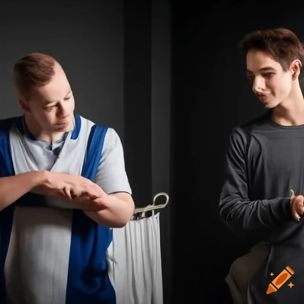Male student and janitor talking inside a room