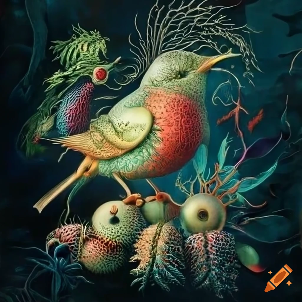 Surrealistic artwork of exotic birds in mist on Craiyon