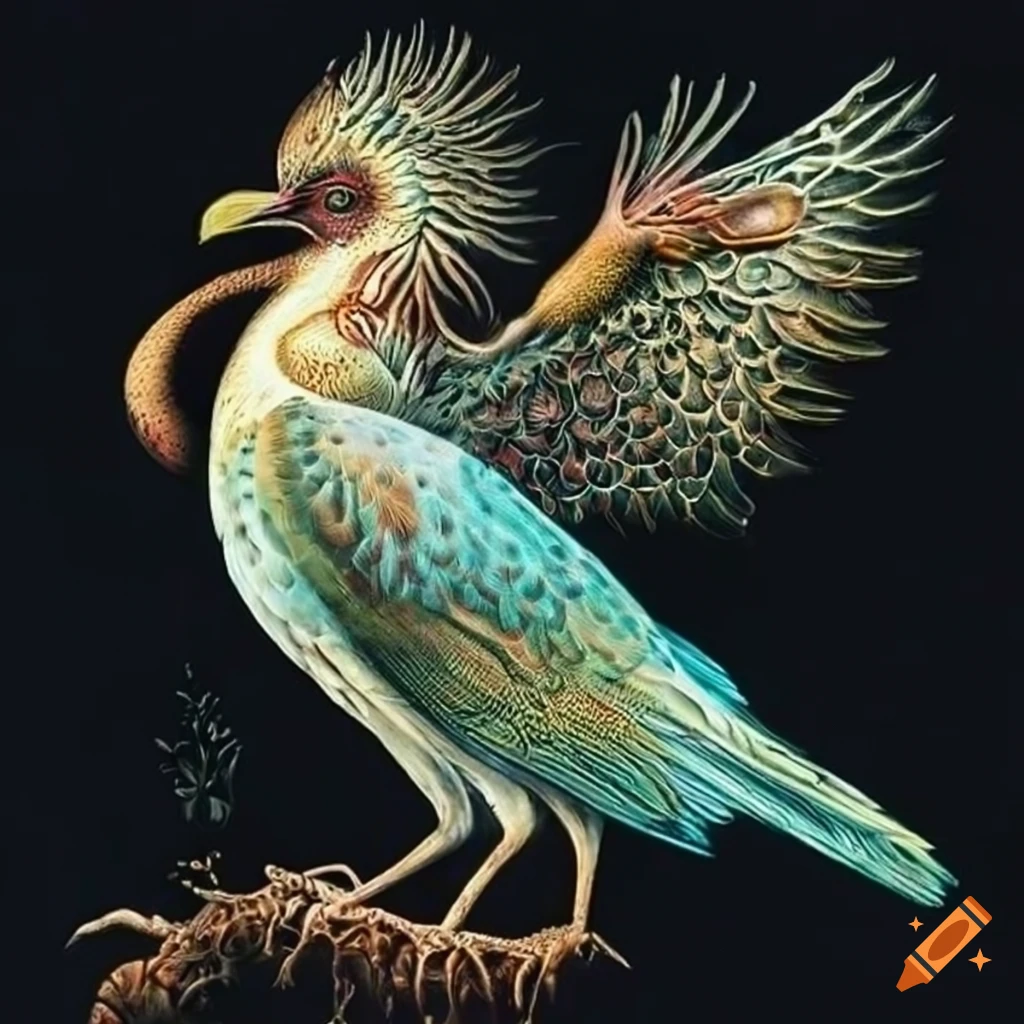 Surrealist artwork of exotic birds in fog on Craiyon