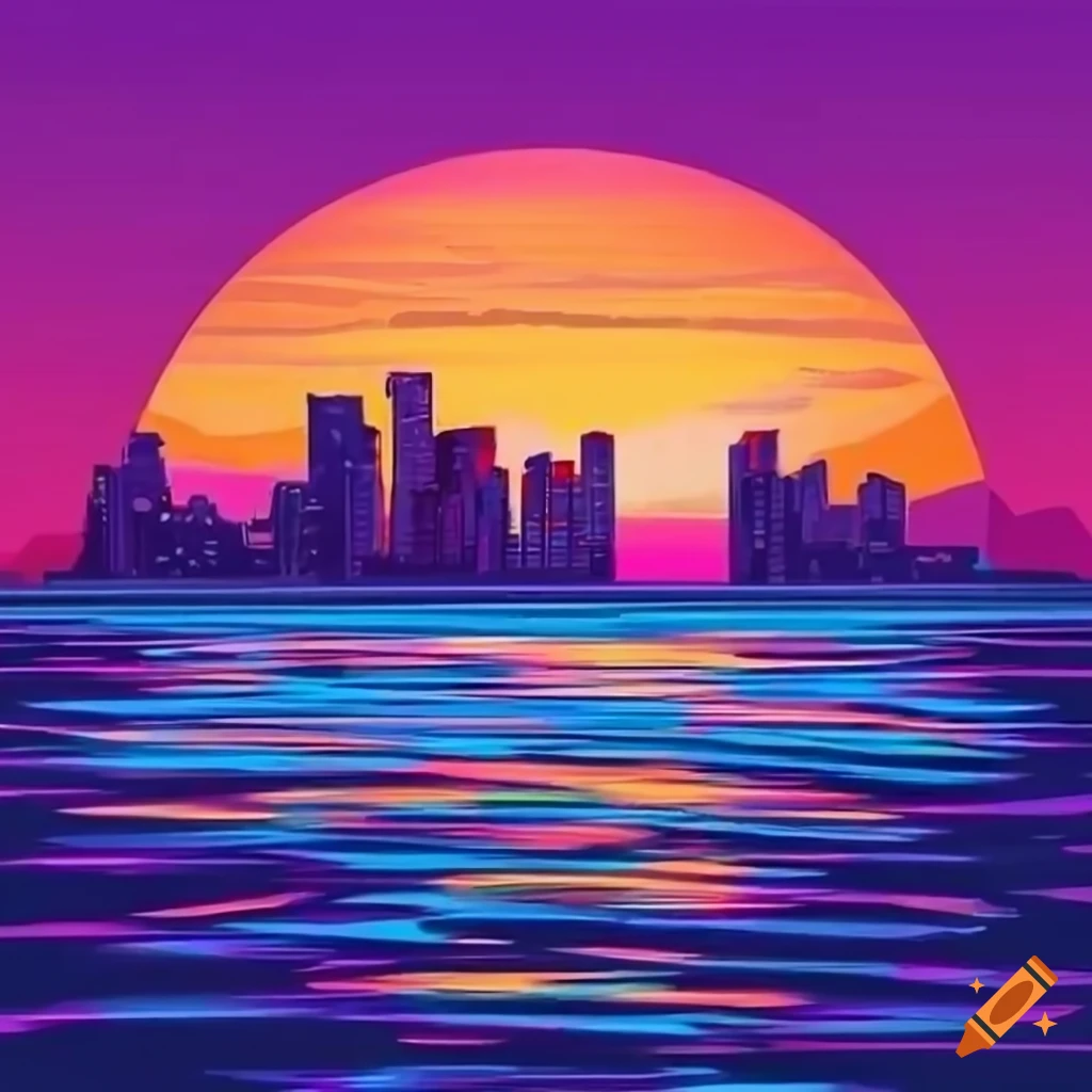 Vaporwave sunset artwork for a sticker on Craiyon