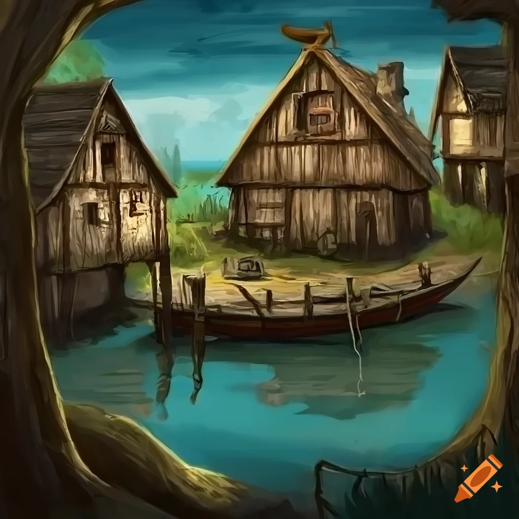 Artwork of a medieval fishing village in a swamp on Craiyon
