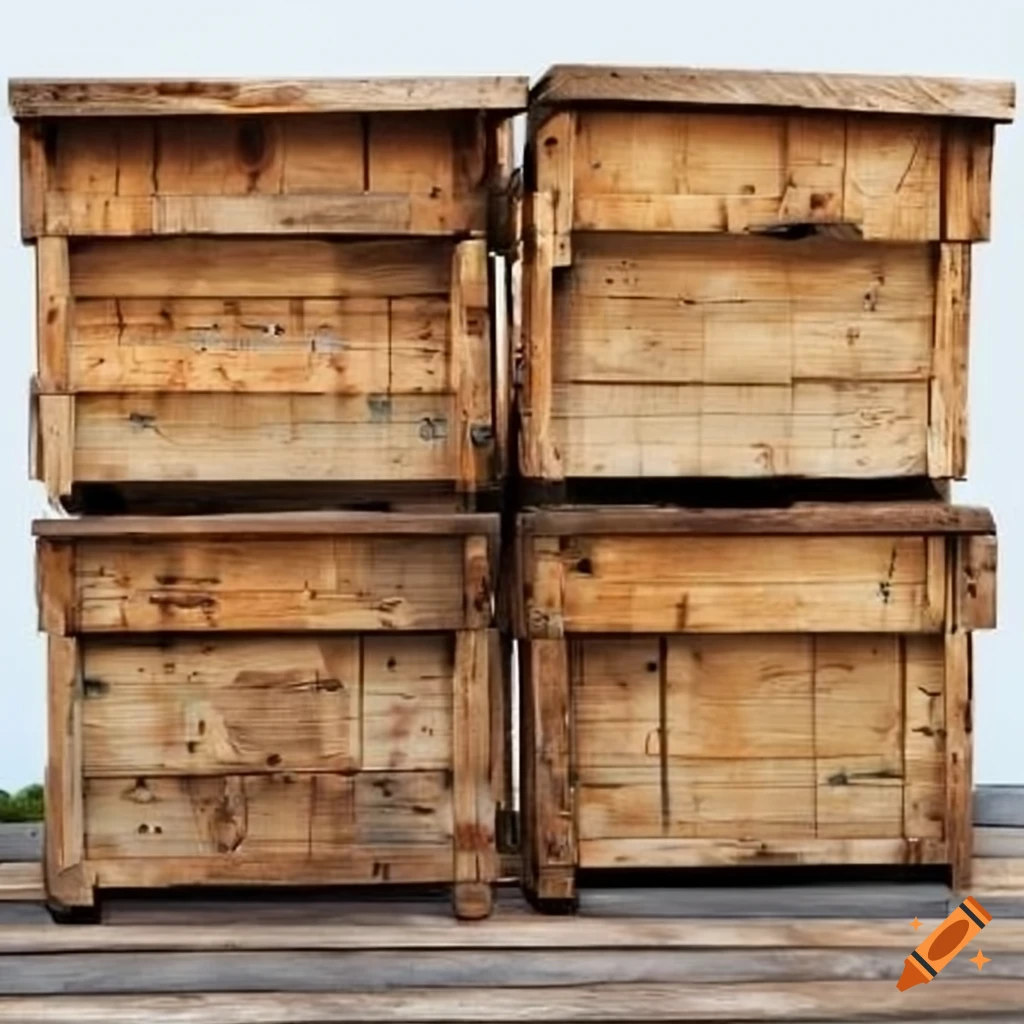 Stacked wooden shipping crates on a dock on Craiyon