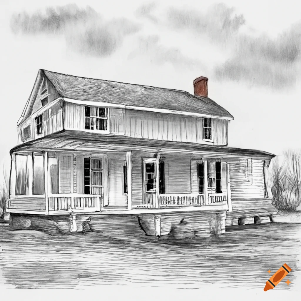 Pencil drawing of a farmhouse with a front porch on Craiyon