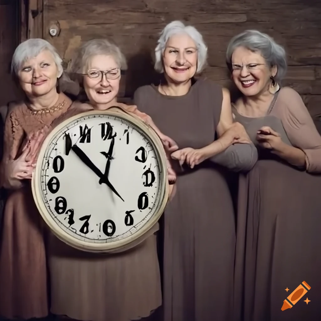 Humorous image of old ladies with clocks on Craiyon