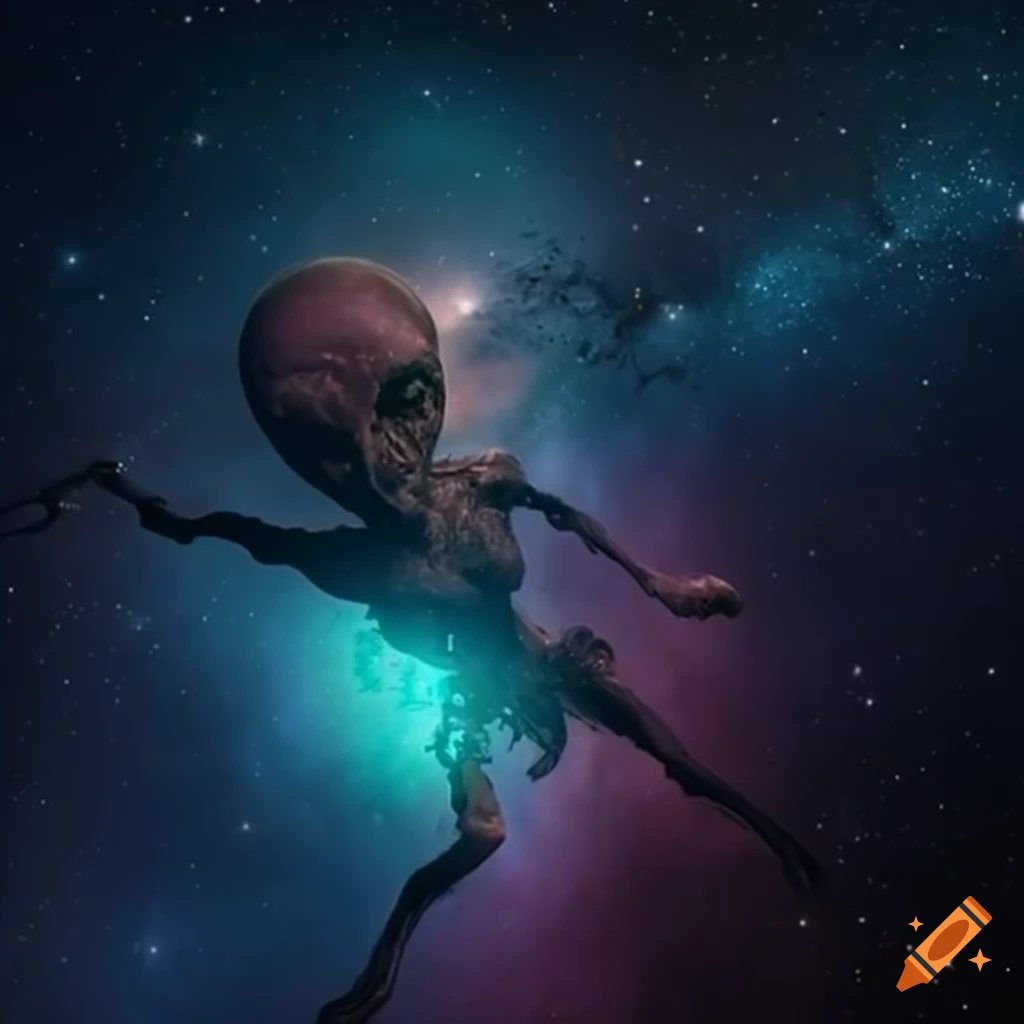 Extraterrestrial alien in a galaxy-filled backdrop on Craiyon