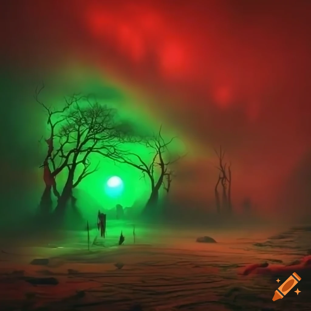 Red landscape with green lights on Craiyon