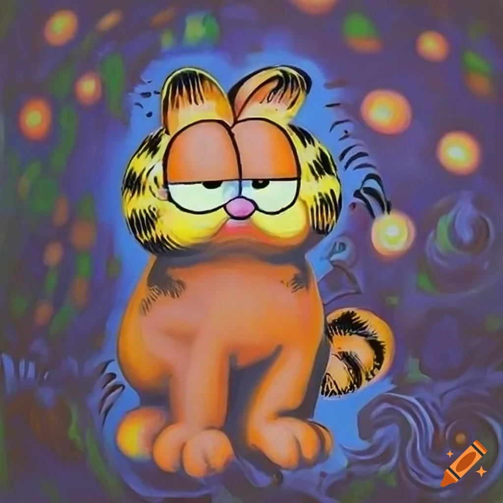 Colourful oil painting of smiling Garfield in a hybrid art style on Craiyon