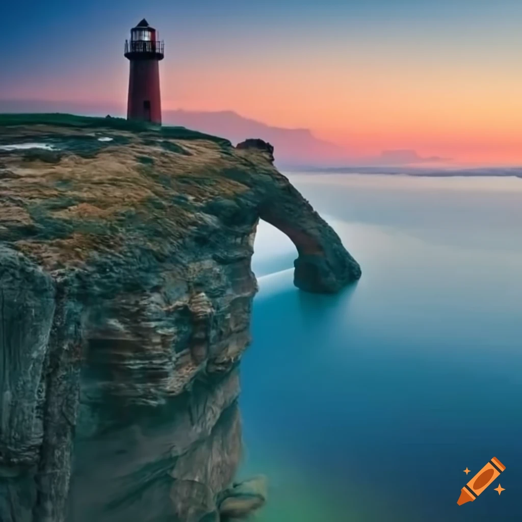 View of a lighthouse standing on a cliff near the sea on Craiyon