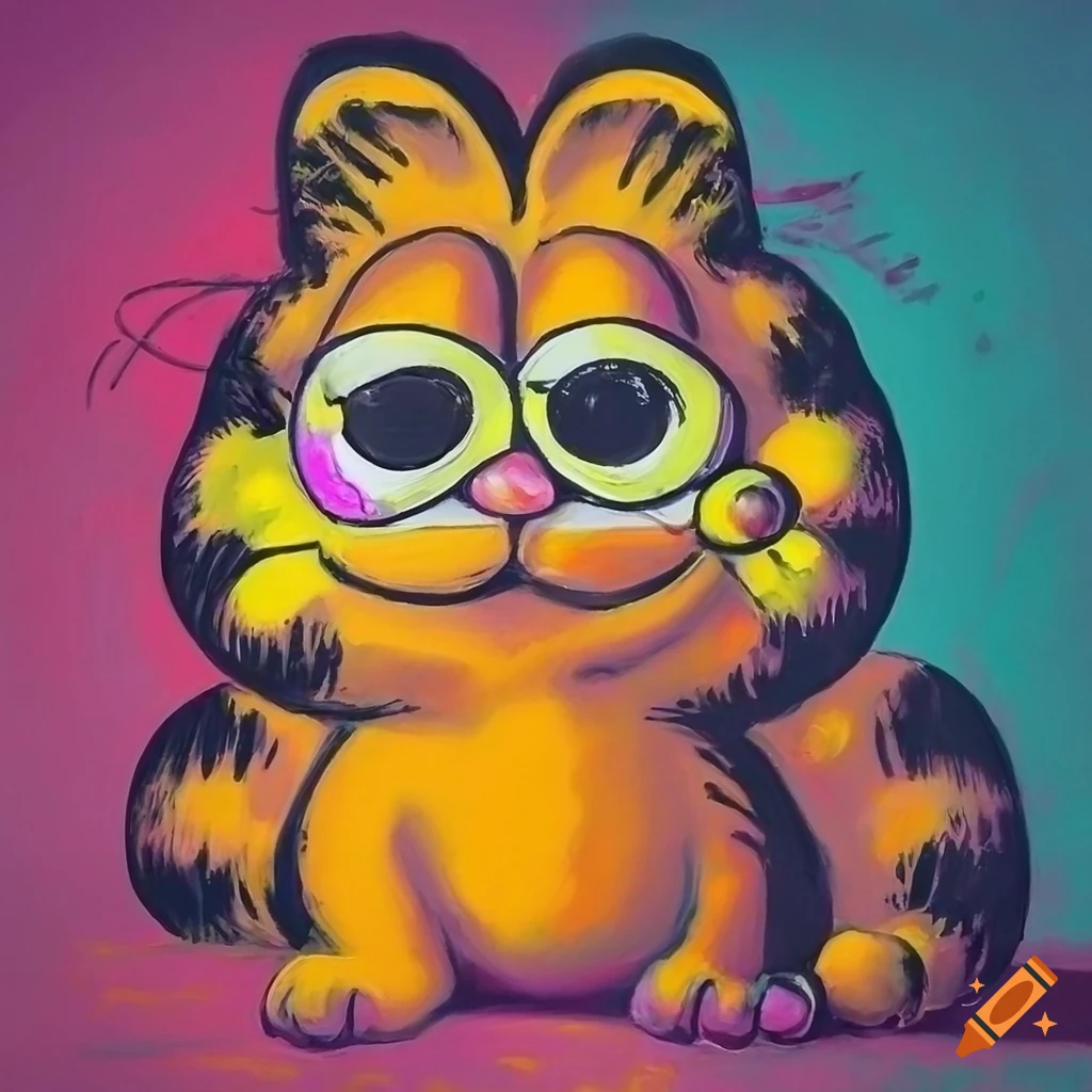 Colorful oil painting of smiling Garfield in Andy Warhol style on Craiyon