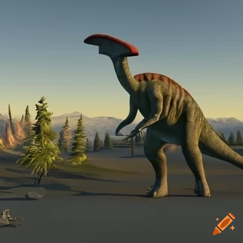 Scientific illustration of a colorful Parasaurolophus dinosaur on Craiyon