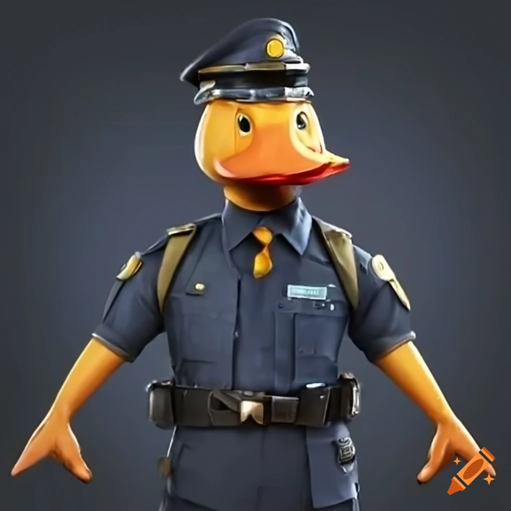 Pictured: a duck security guard in uniform on Craiyon