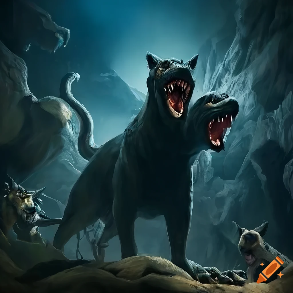 Photorealistic artwork of Cerberus in a bone-filled cave on Craiyon