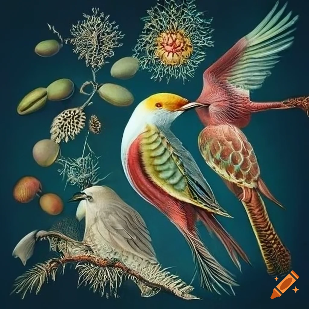 Surrealistic artwork of exotic birds in fog on Craiyon