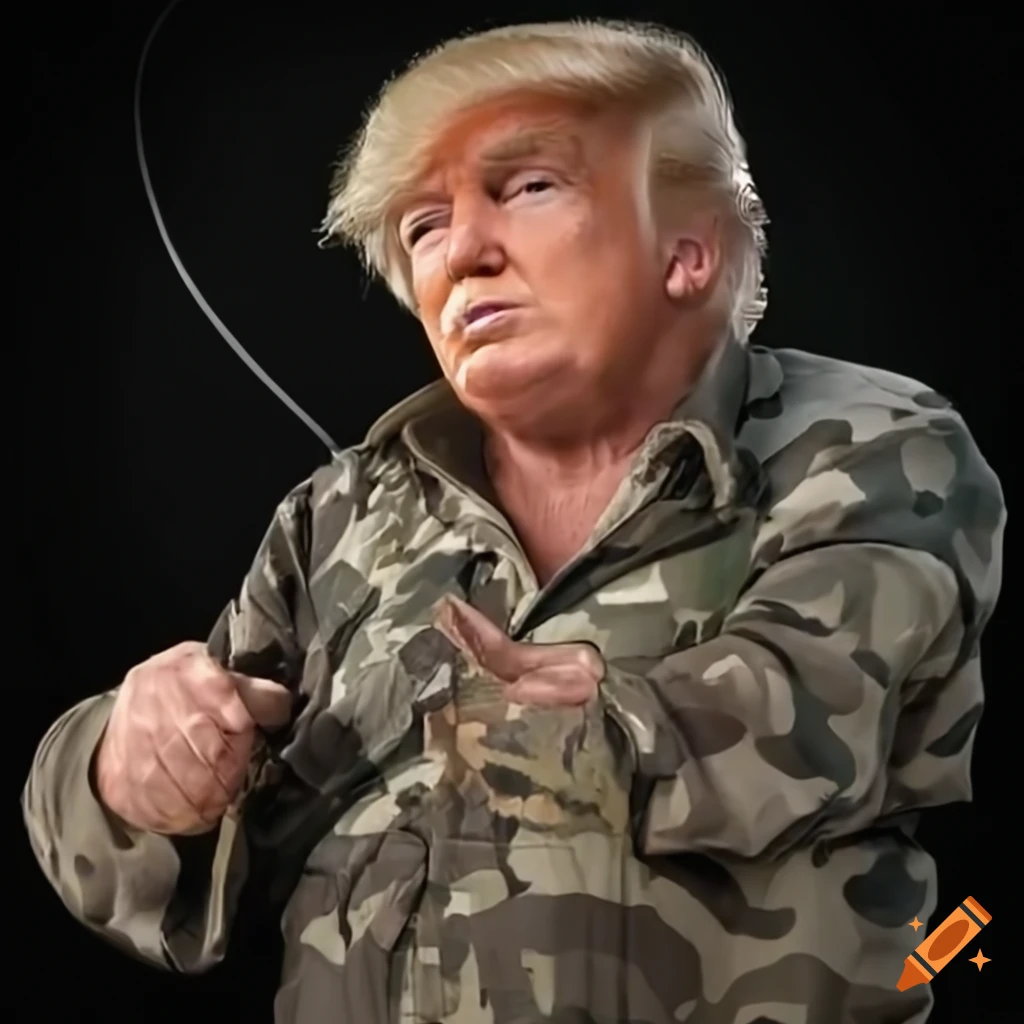 Photorealistic image of Donald Trump fishing in camouflage on Craiyon
