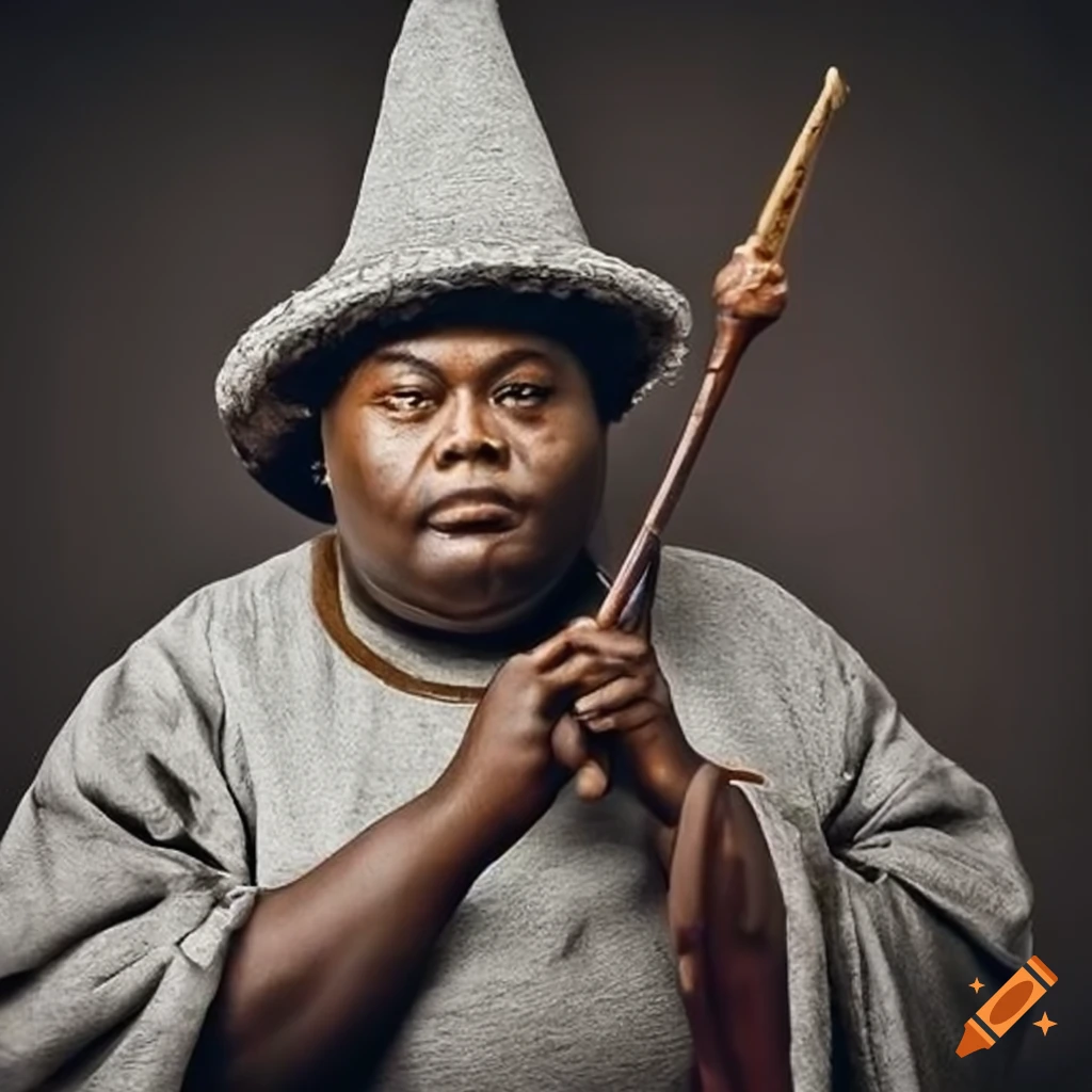 Illustration of a fat wizard with wand and hat on Craiyon