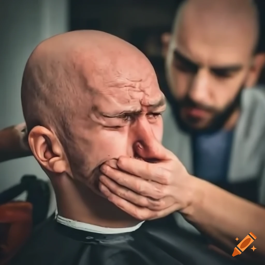 Image of a bald man crying at the barbershop on Craiyon