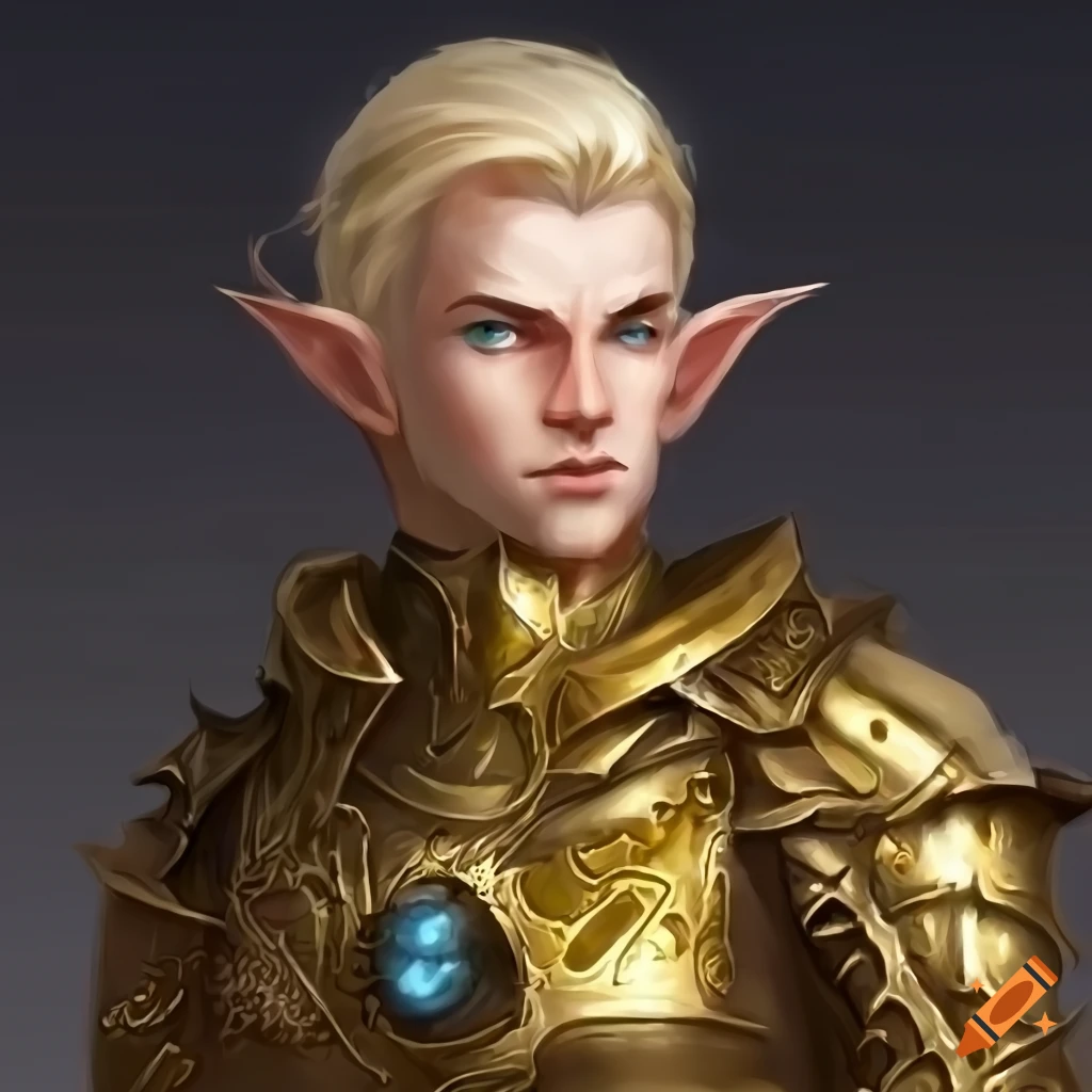 Image of a heroic sun elf warrior in golden armor on Craiyon