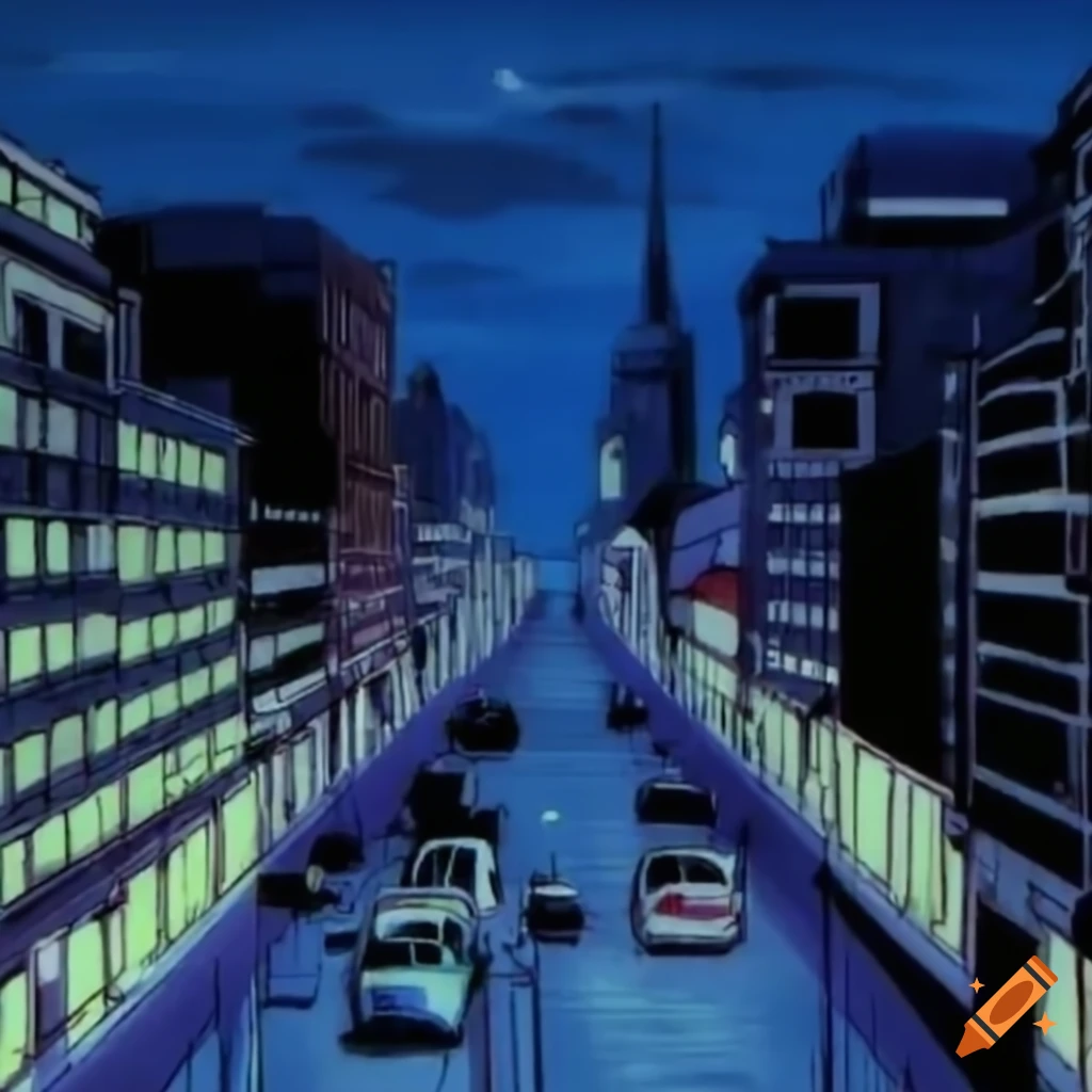 Wide-angle city scene from 80s-90s anime ova on Craiyon