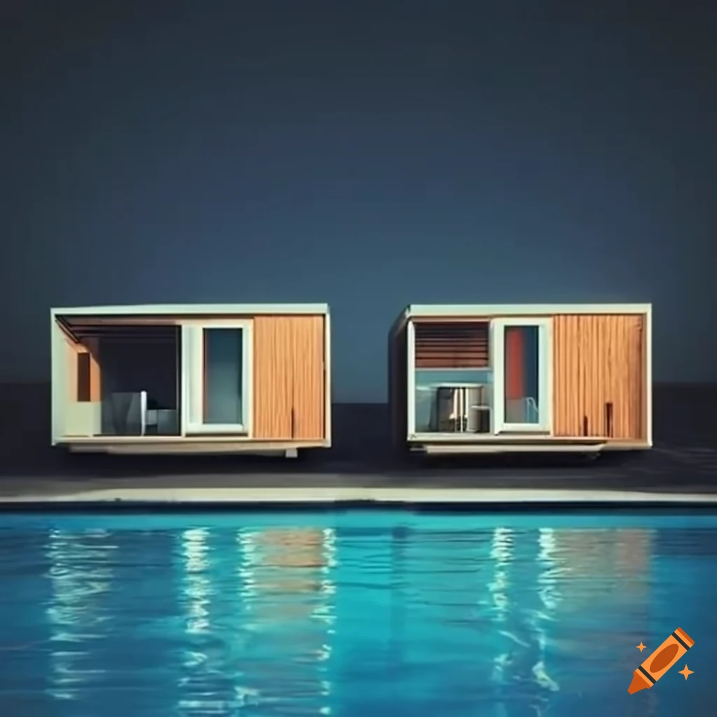 Two modular houses with swimming pools in a field on Craiyon