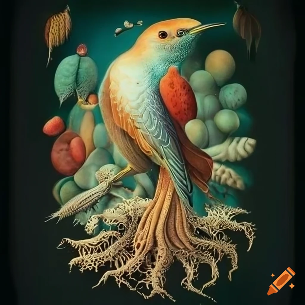 Surrealistic image of exotic birds with detailed plumage in foggy forest on Craiyon