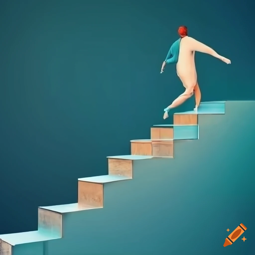 Illustration of a person climbing staircase of positive habits on Craiyon