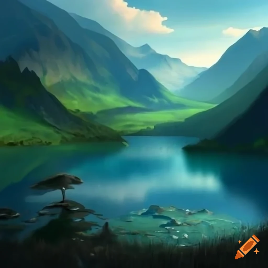 Anime-style illustration of a lake surrounded by fields and mountains ...