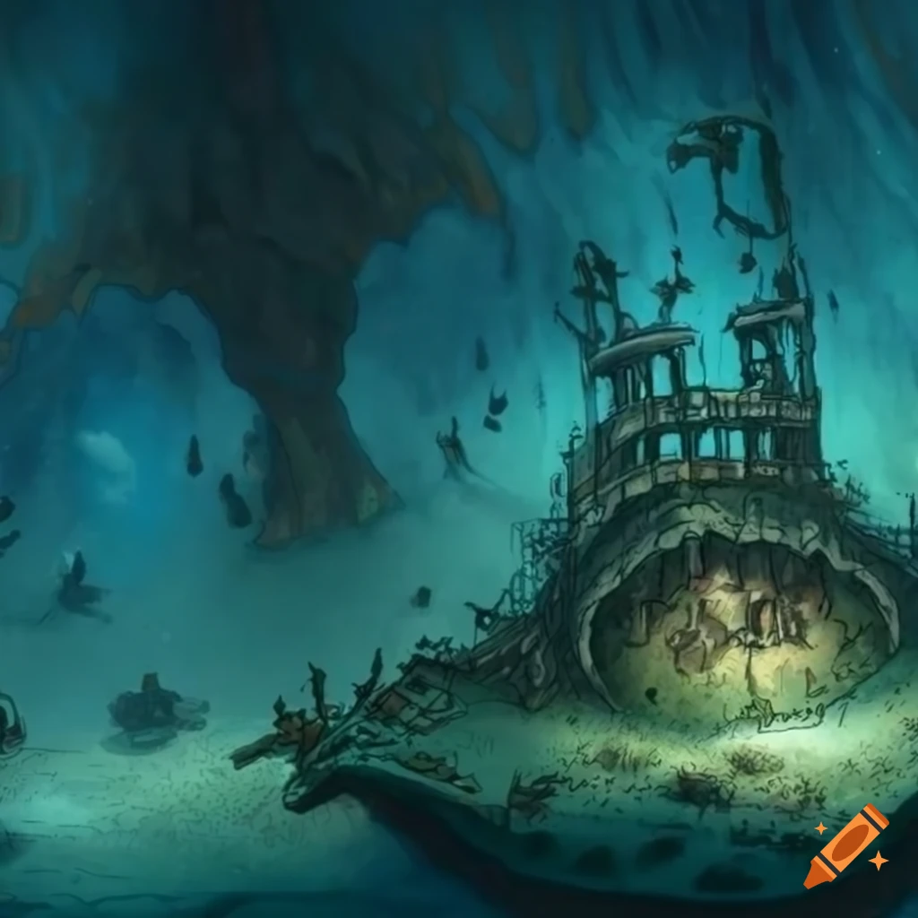 Undersea battle map with sunken ship and cavern entrance on Craiyon