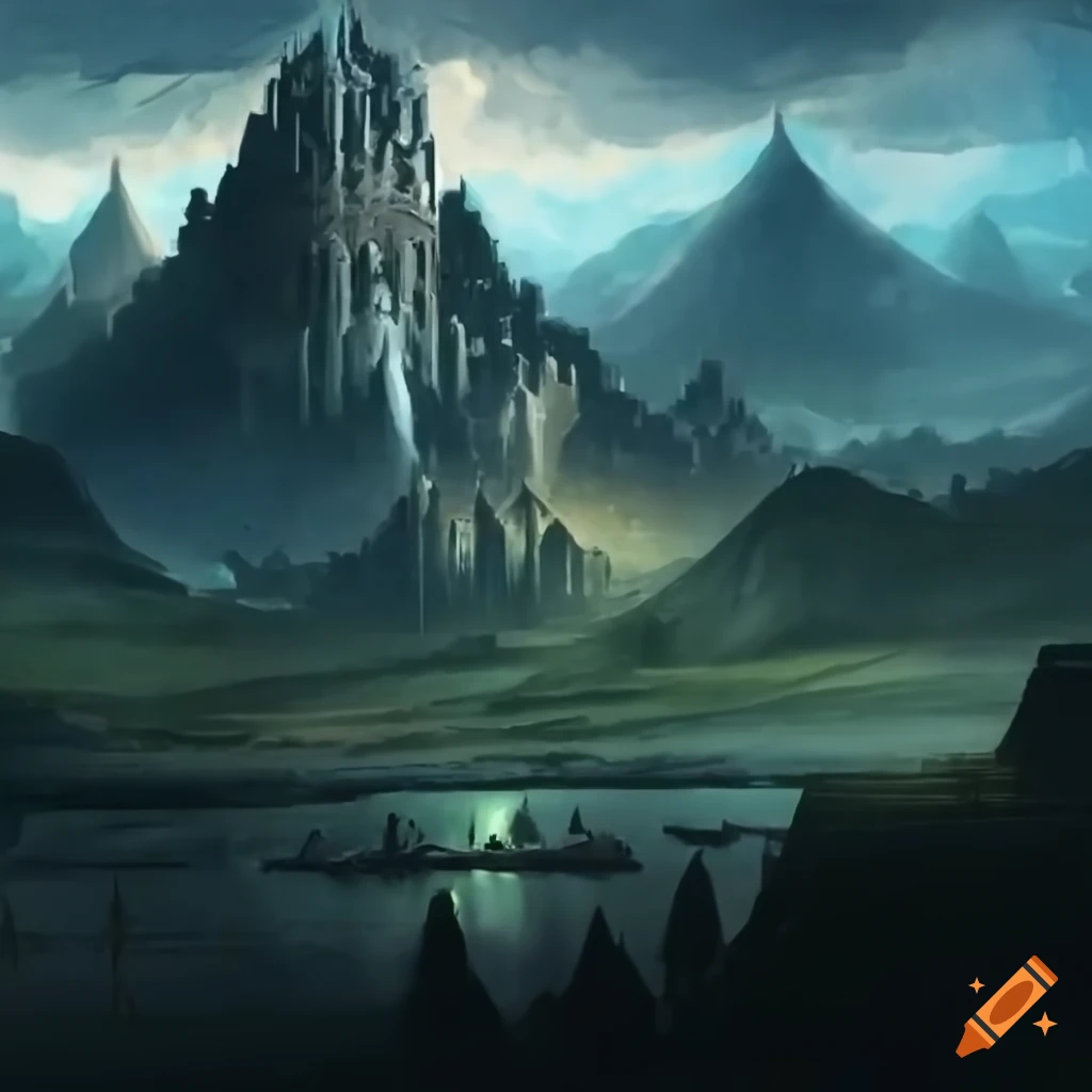 Fantasy city built into mountains with surrounding fields on Craiyon