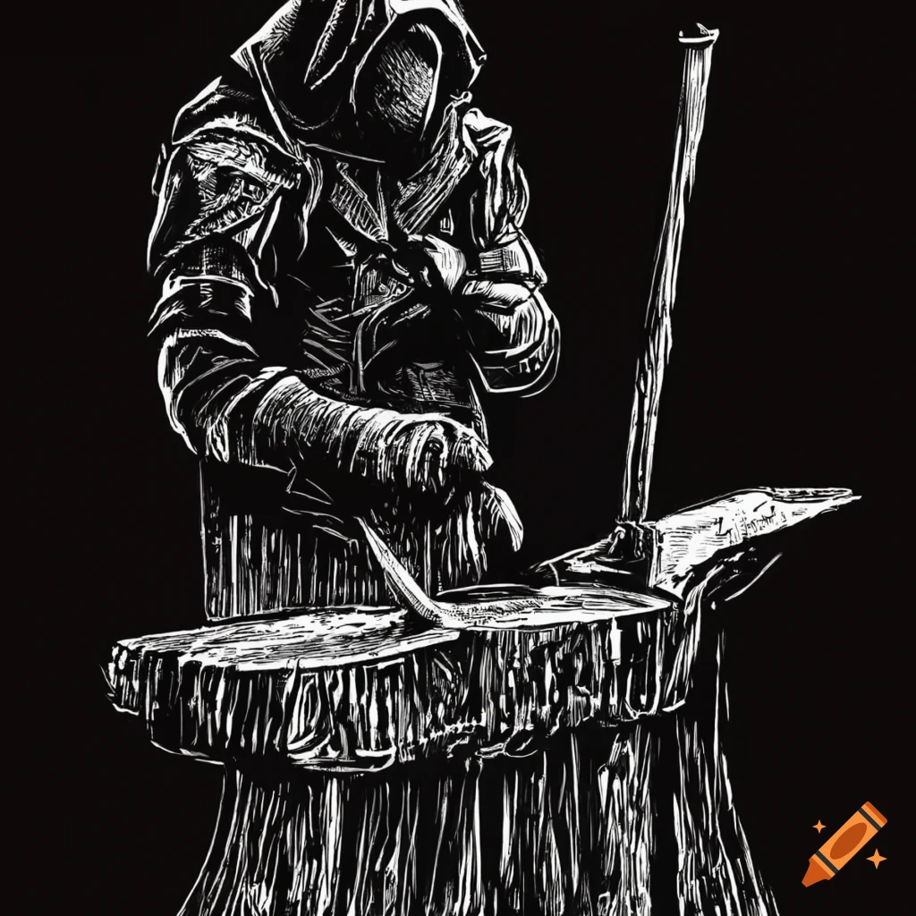 Hand-drawn illustration of a blacksmith making a sword on Craiyon