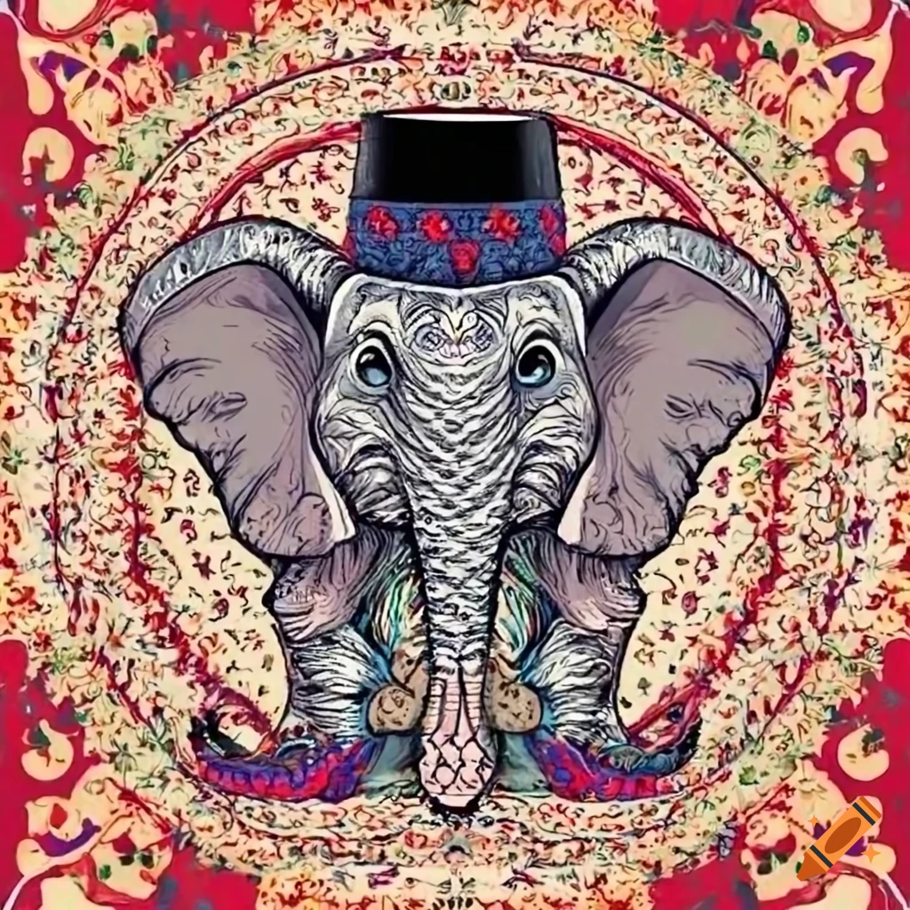 Intricate illustration of an elephant with a fez hat and carpet on Craiyon