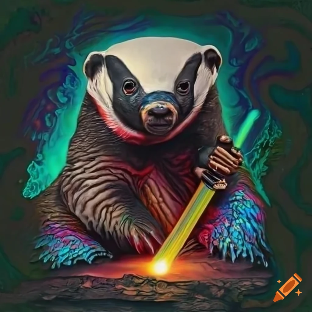 Psychedelic art of a honey badger riding a rhino with a light saber on ...