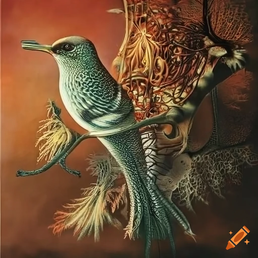 Surrealistic artwork of exotic birds in fog on Craiyon