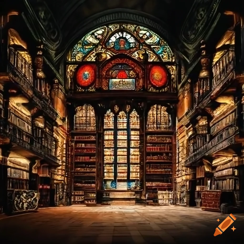 Stunning library with tall shelves and stained glass windows on Craiyon