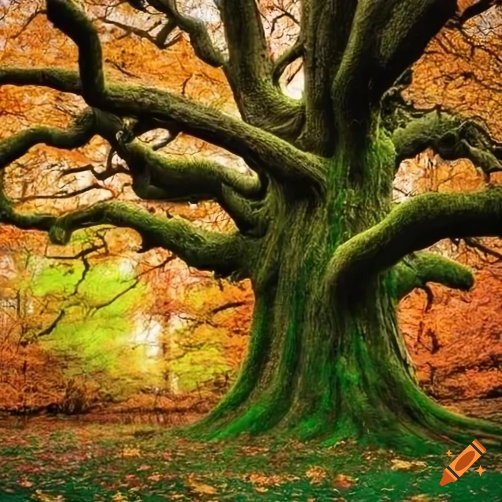 Photo of an ancient oak tree in an enchanted forest in autumn on Craiyon