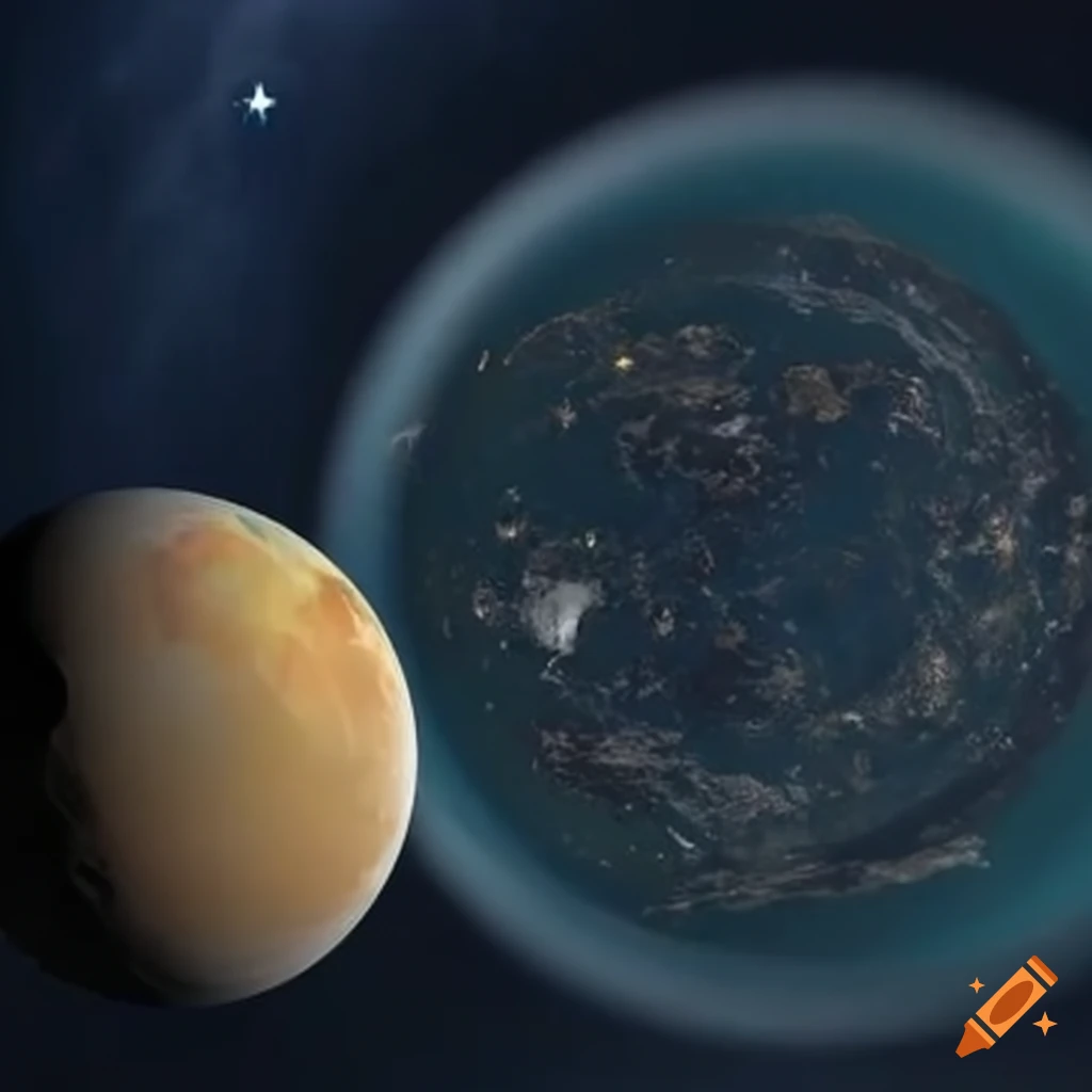 Artistic depiction of a watery planet with floating landmasses on Craiyon