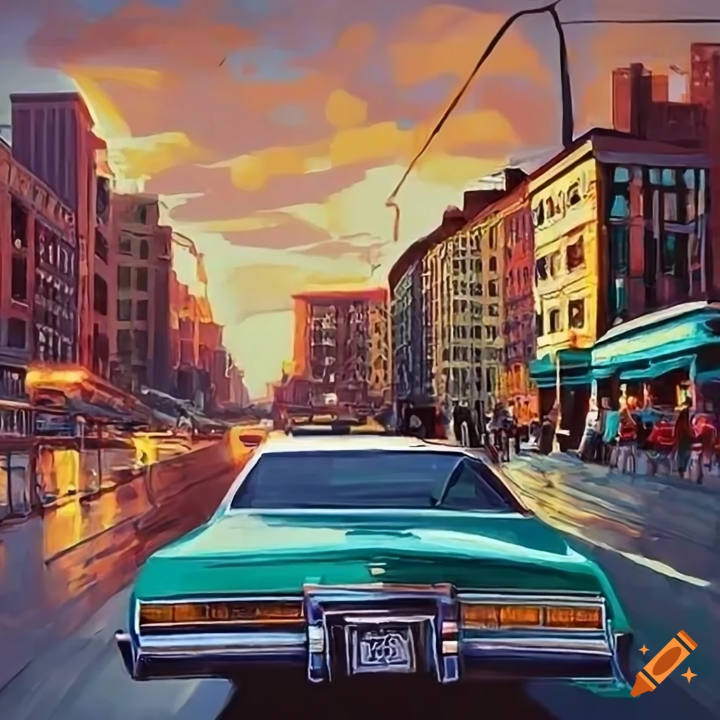 Illustration of a Chevrolet Caprice in Harlem during the summer on Craiyon