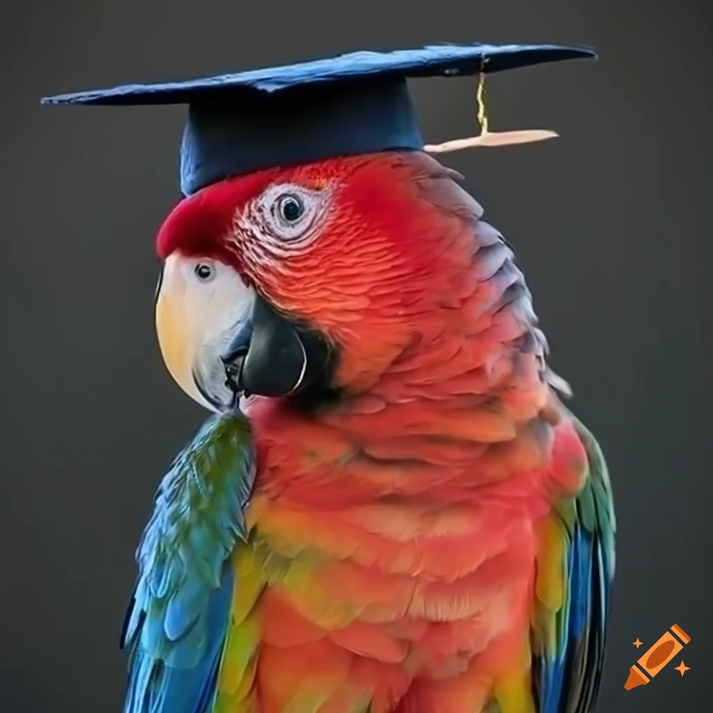 Colourful parrot with graduation cap and certificate on Craiyon