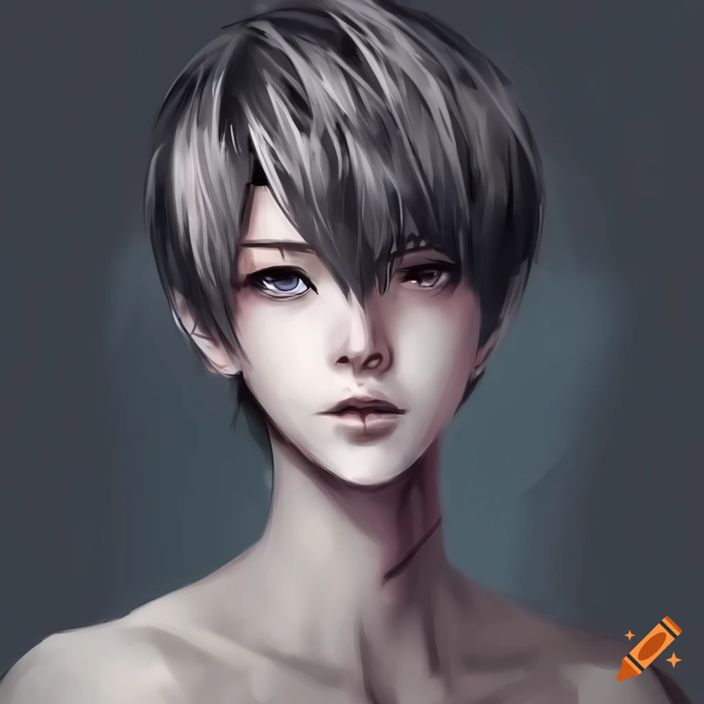 Black and white semi-realistic anime style boy on Craiyon
