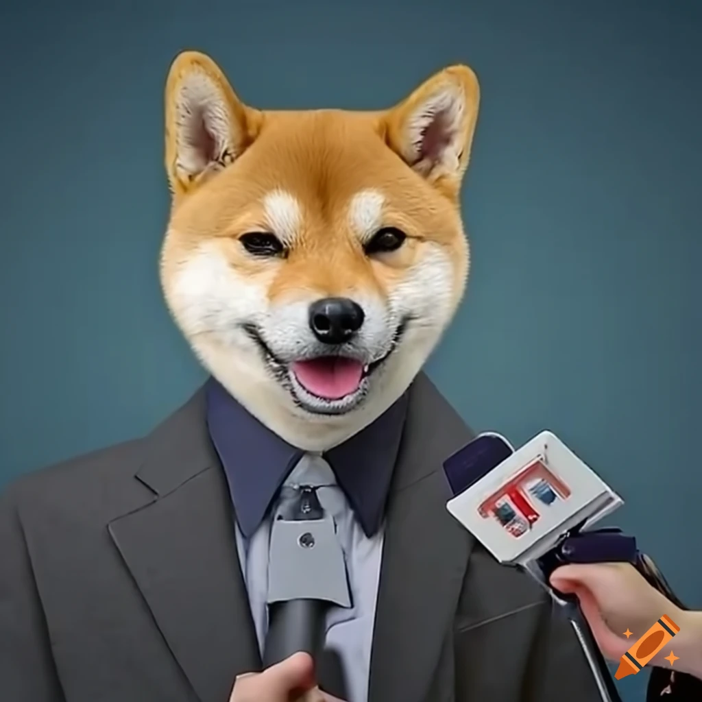 Funny image of a Shiba Inu interviewing a trash can on TV on Craiyon