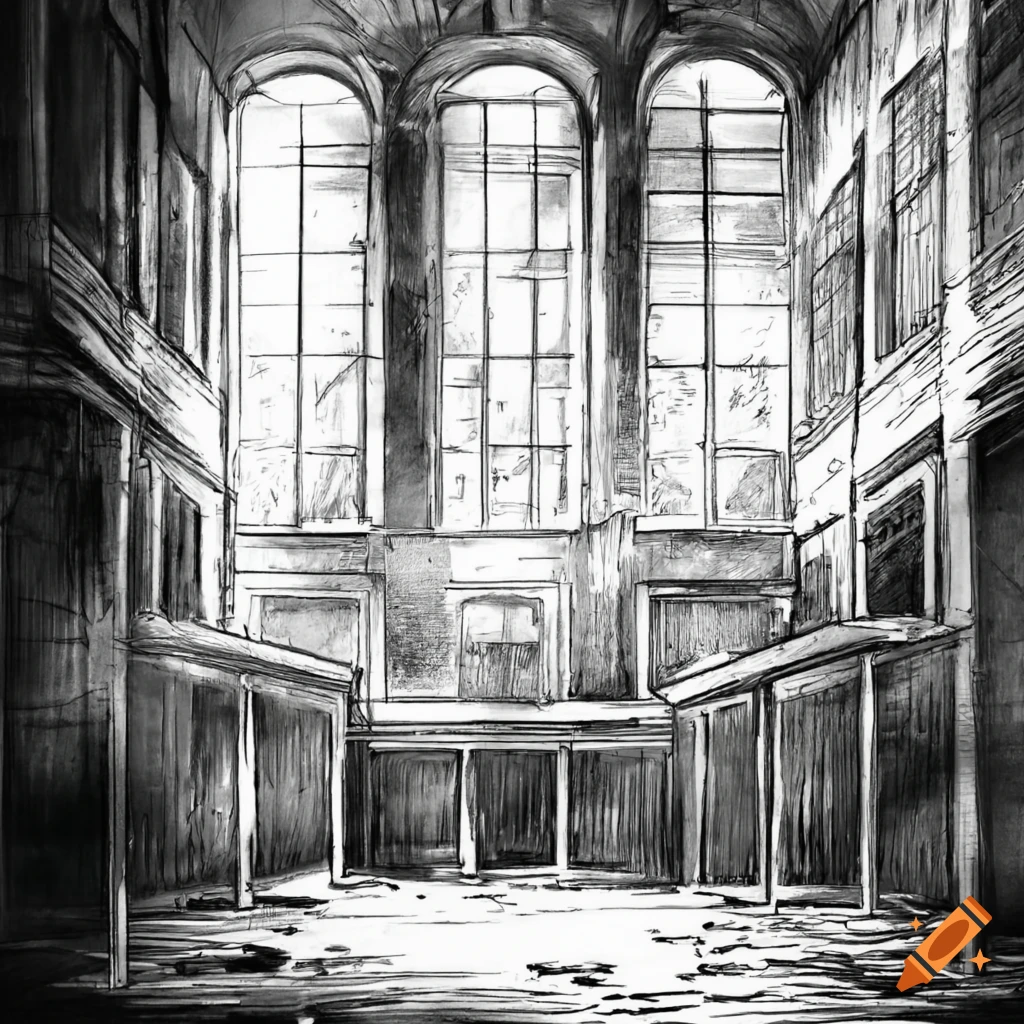 Pencil drawing of a creepy asylum lobby on Craiyon