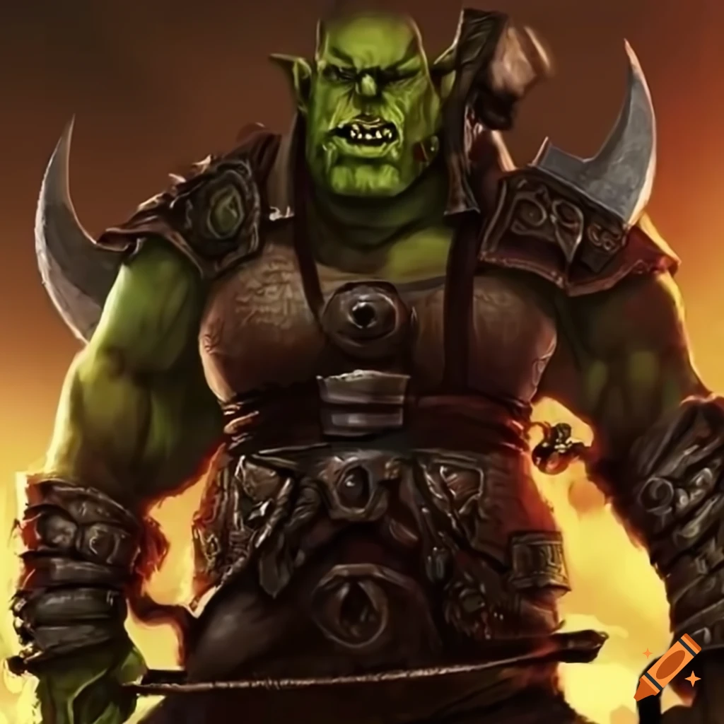 Digital art of a powerful half-orc warrior with a large axe on Craiyon