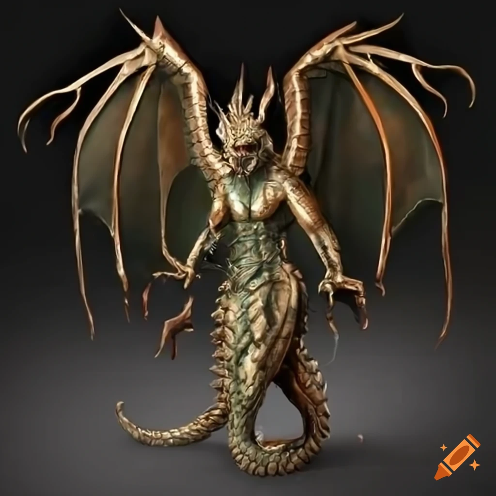 Bronze sculpture of a dragon in human form on Craiyon