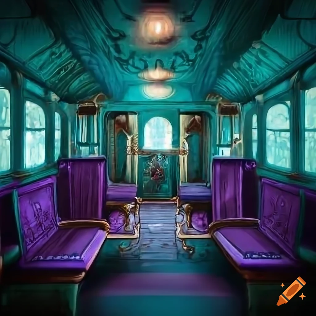 Vintage interior of a teal and purple Victorian ghost train passenger ...