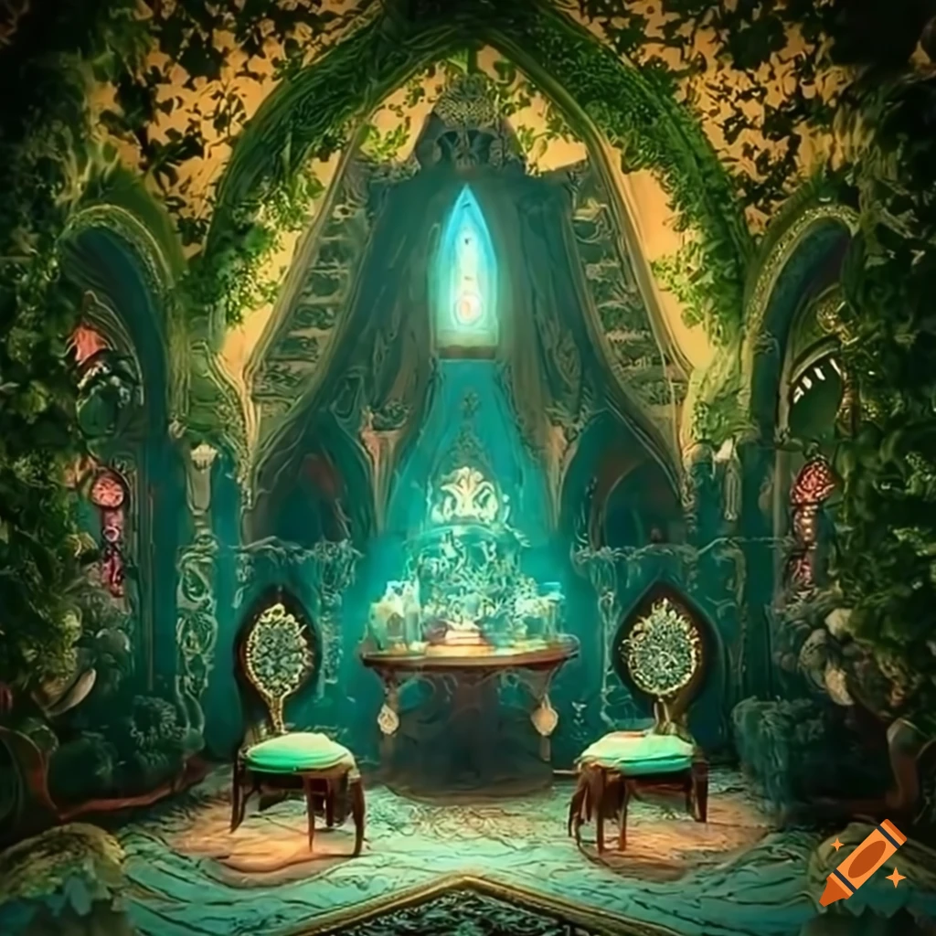 Elven castle living room with crystal furniture on Craiyon