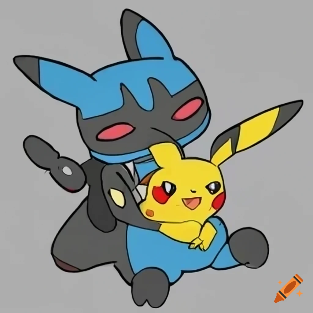 Lucario hugging pikachu in a heartwarming moment on Craiyon