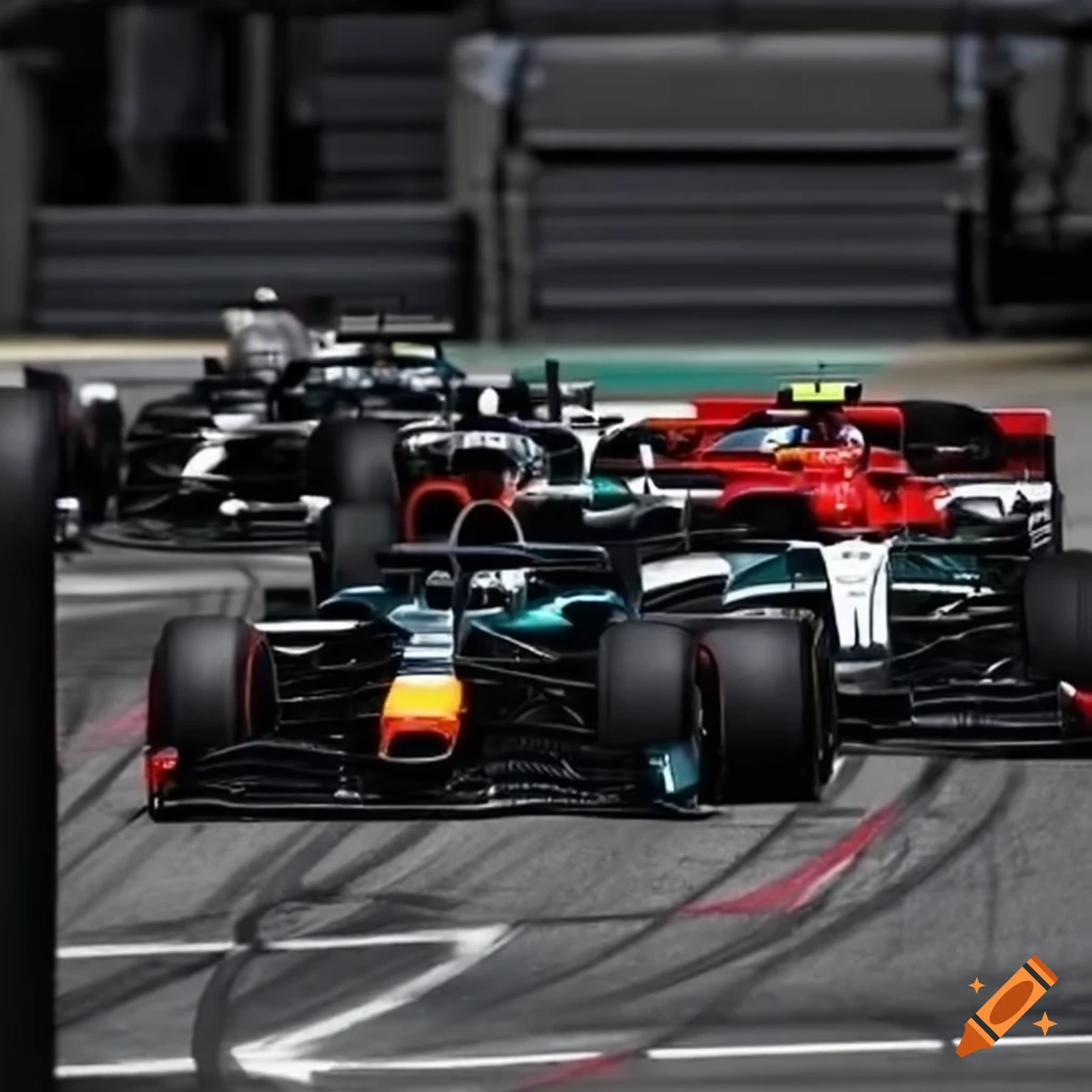 Lineup of F1 cars at the race starting line on Craiyon
