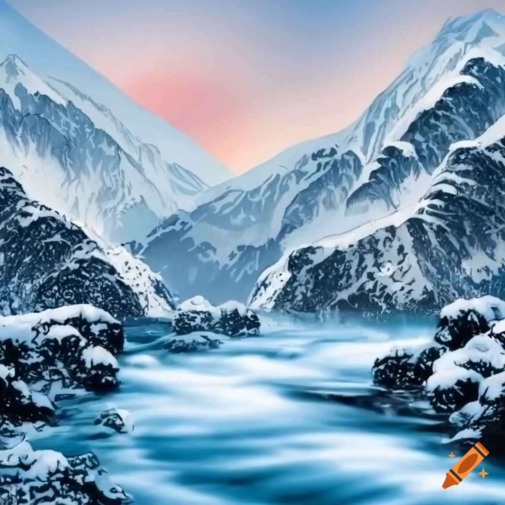 Calligraphy-style winter scene with a temple and stream on Craiyon