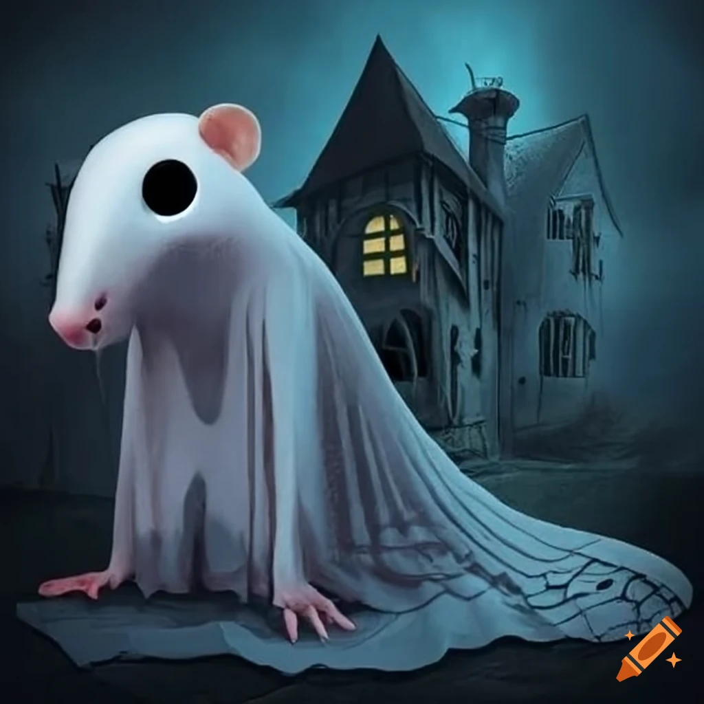 Cartoon illustration of a ghostly rat in a haunted house on Craiyon