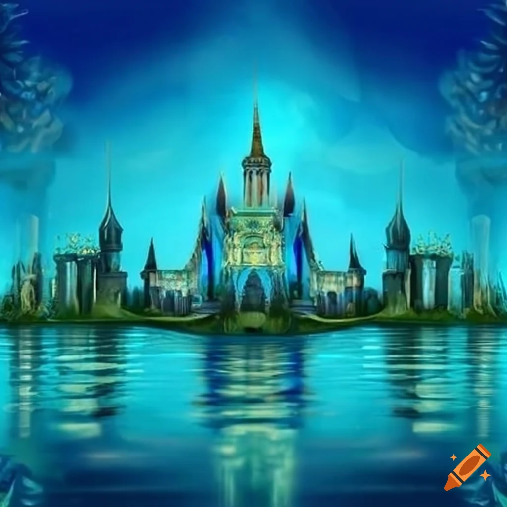 Image of a beautiful blue aqua elven castle garden on Craiyon